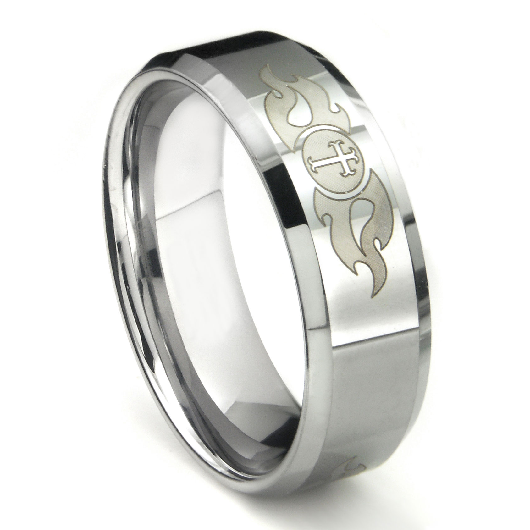 Tungsten Carbide Laser Engraved Fiery Cross Wedding Band Ring Tungsten Carbide Laser Engraved Fiery Cross Wedding Band Ring