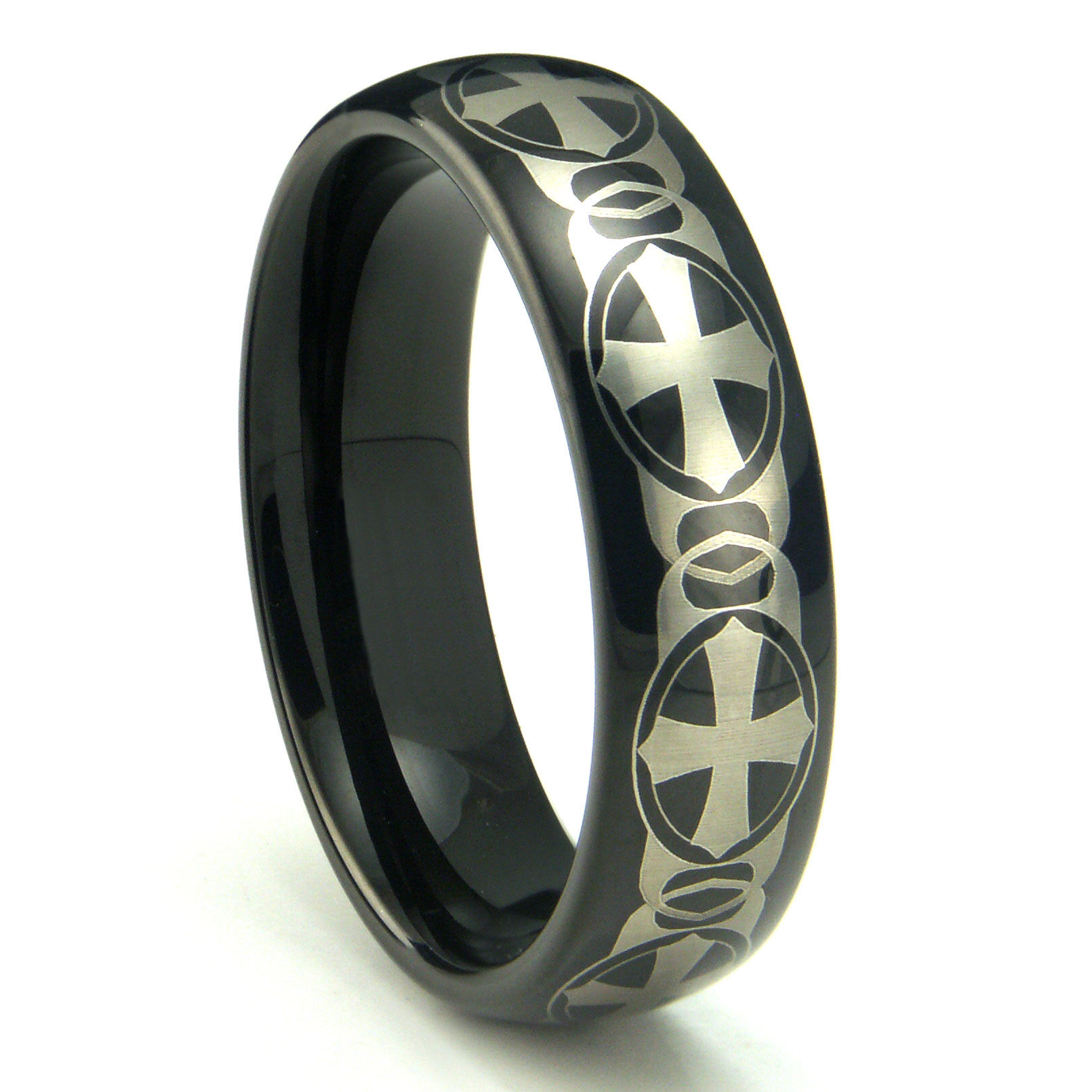 Black Tungsten Carbide Laser Engraved Celtic Cross Dome Wedding Band Ring Black Tungsten Carbide Laser Engraved Celtic Cross Dome Wedding Band Ring